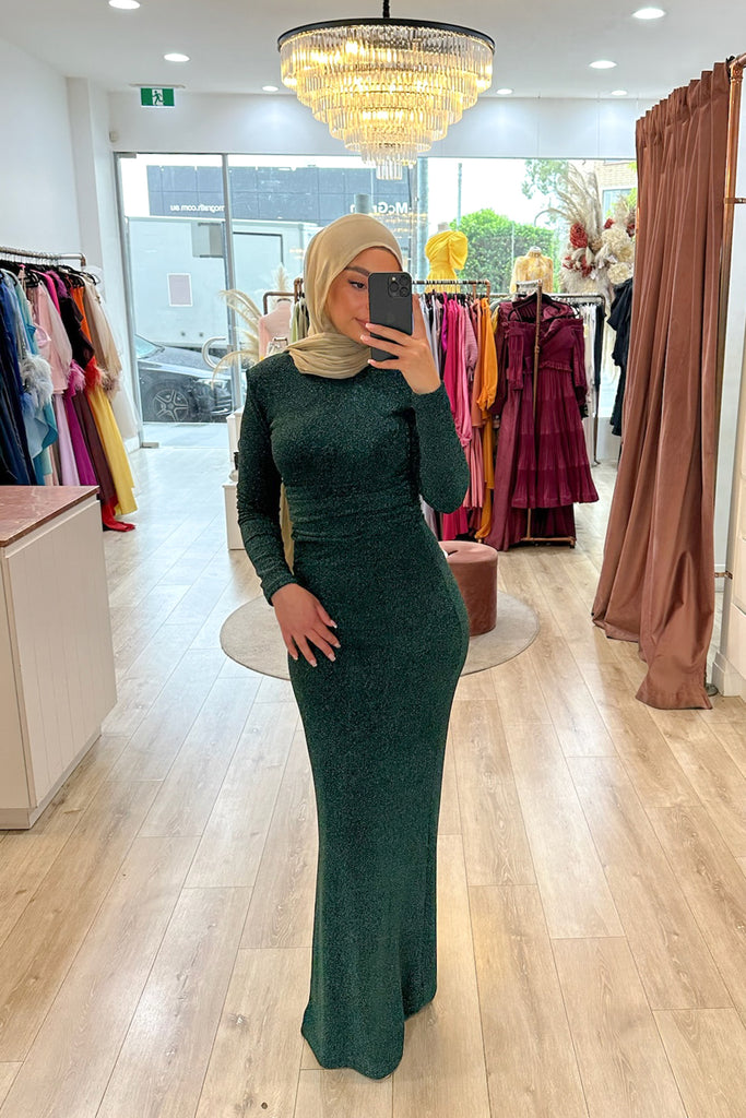 Amani Fitted Stretch Metallic Dress Green by Fatima K Designs For Hire | High St. Hire