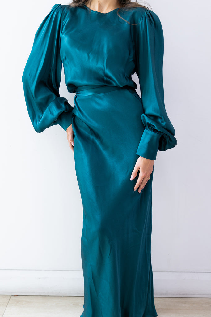 Sherri Satin Puff Sleeve Gown Teal by Fatima K Designs For Hire | High St. Hire