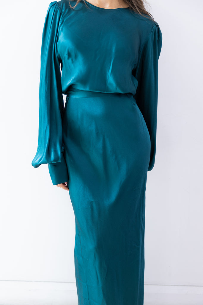 Sherri Satin Puff Sleeve Gown Teal by Fatima K Designs For Hire | High St. Hire