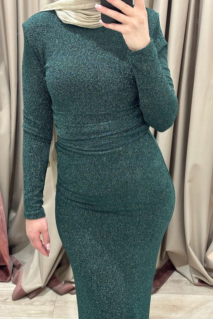 Amani Fitted Stretch Metallic Dress Green by Fatima K Designs For Hire | High St. Hire