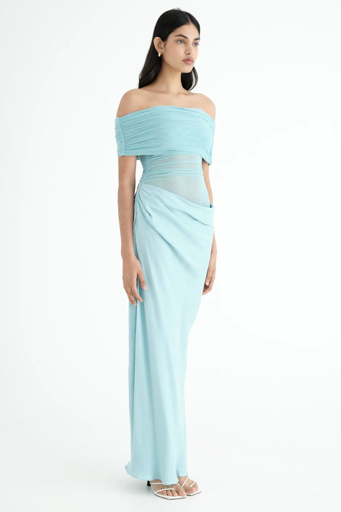 Nico Off Shoulder Maxi Dress Aquamarine by Benni for Hire – High St. Hire
