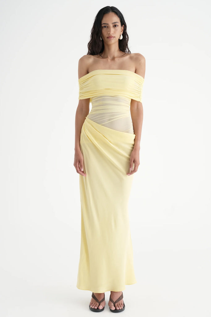 Nico Off Shoulder Maxi Dress Butter by Benni for Hire – High St. Hire