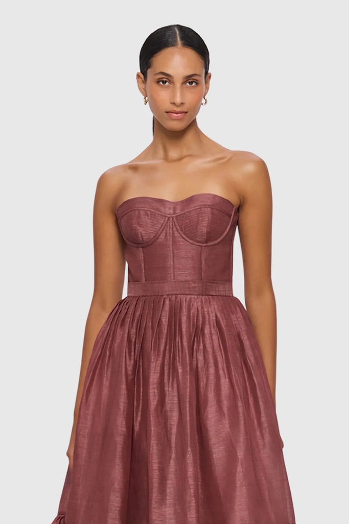 Rae Bustier Midi Dress Burgundy by Leo Lin for Hire | High St. Hire