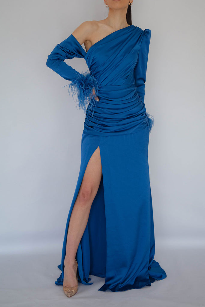 Alyssa Feather Gown Electric Blue by HSH For Hire | High St. Hire